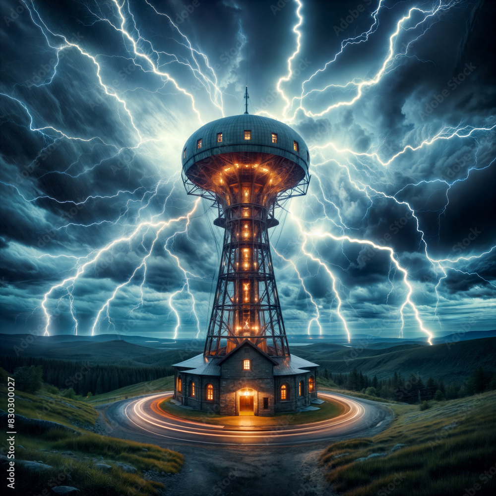 Tesla Tower radiating energy, with lightning streaking across stormy ...