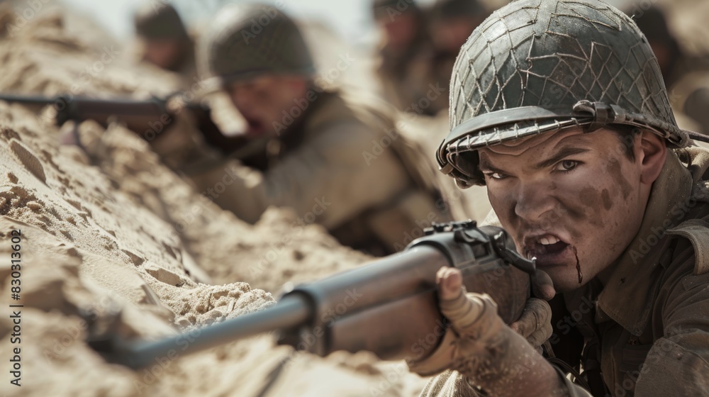 A realistic depiction of World War II soldiers in combat position ...