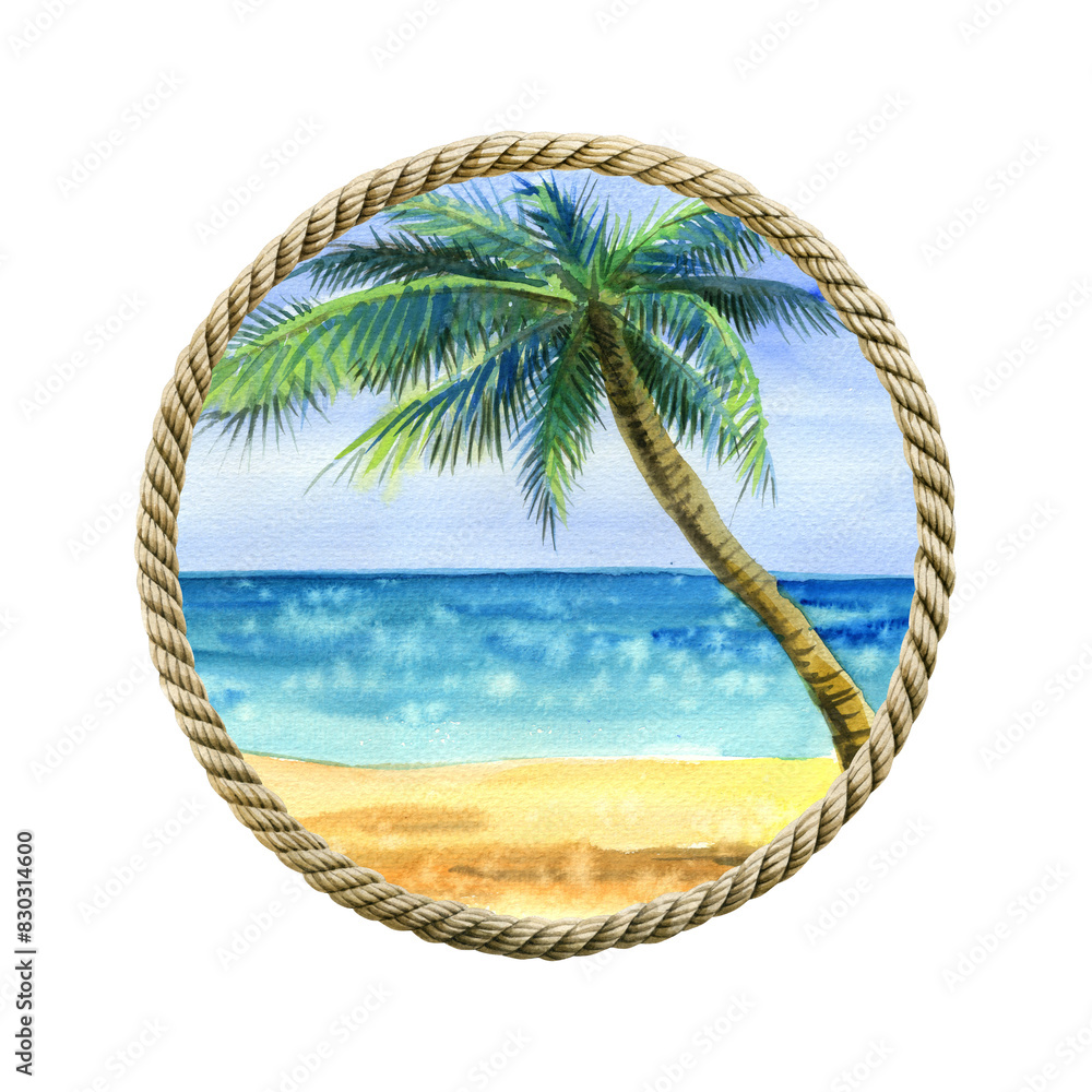 Watercolor Round ropes frame summer tropical sea beach Palm tree theme ...