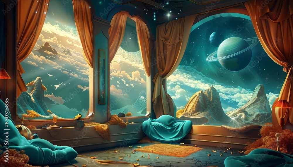 Tourists floating in zero gravity inside a space hotel, gazing out at ...