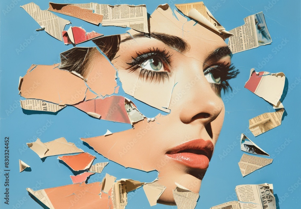 Collage with torn face. Grunge art portrait. Ripped woman head poster ...