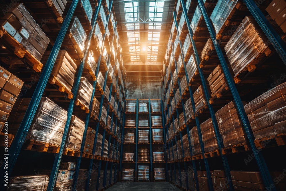 Warehouse racks holding boxed goods in a busy logistics hub Stock Photo ...