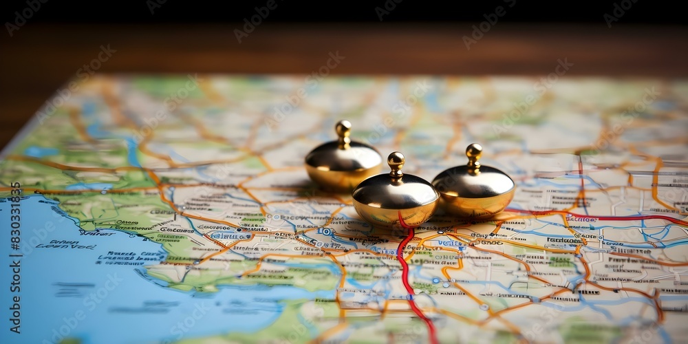 GPS map with two vibrant pins marking starting destination points ...