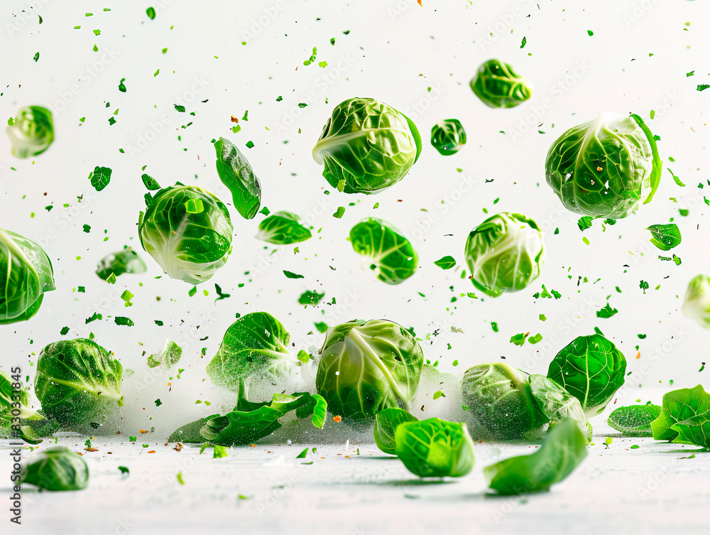 photography of BRUSSELS SPROUTS falling from the sky, hyperpop colour ...