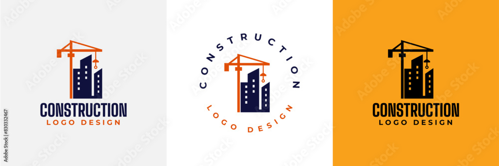 Vetor de Construction logo design. Crane and Building logo for ...