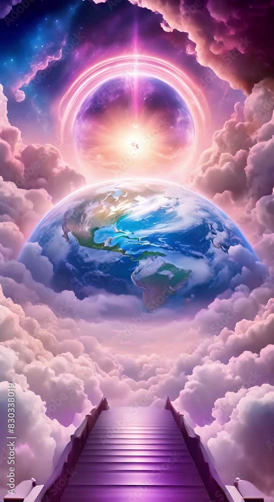Cosmic fantasy landscape with stairs to heaven, planet earth, clouds ...