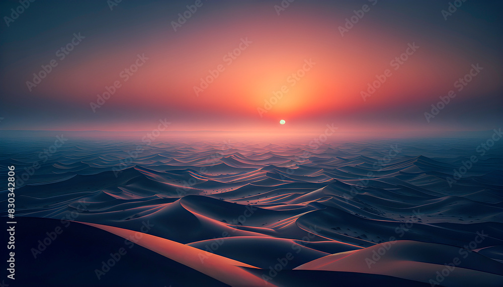 Vivid sunset casts warm hues over a serene, dry dune landscape ...