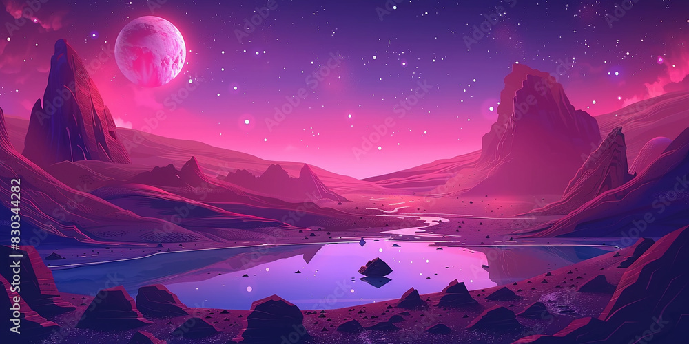 Alien planet landscape with rocky surface and lake. Vector cartoon ...