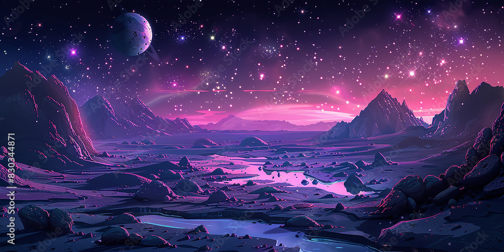 Alien planet landscape with rocky surface and lake. Vector cartoon ...