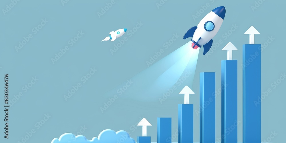 A blue bar graph is growing upwards, with white arrows pointing up from ...