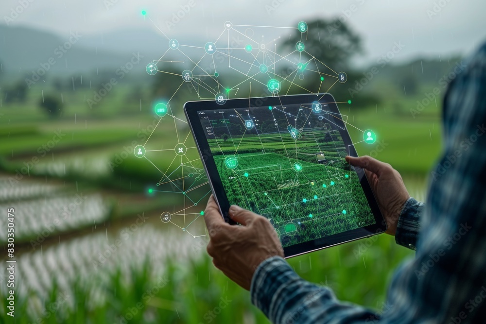 A farmer holding an Pad with icons of rice, water and technology ...