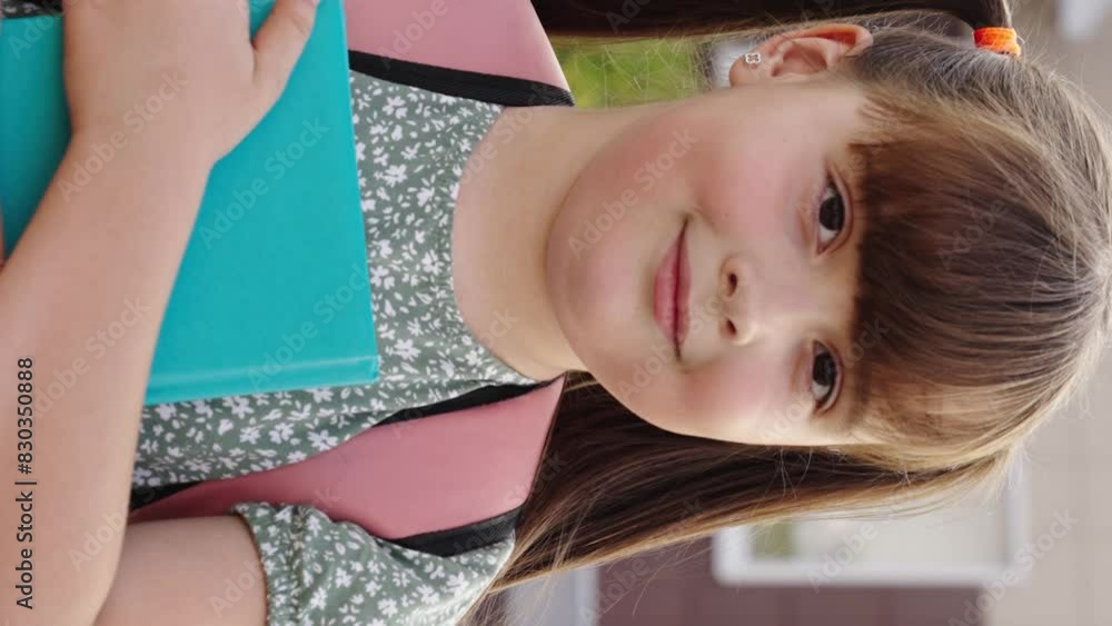 girl child kid schoolboy first grader backpack holding textbook book ...