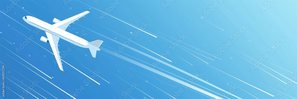Vector banner with airplane, blue background, white lines, vector ...