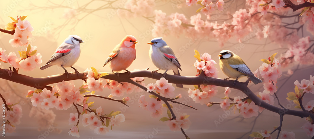 Flock of birds are singing happily on the branches of a tree with ...