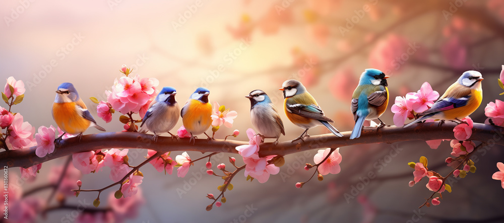 Flock of birds are singing happily on the branches of a tree with ...