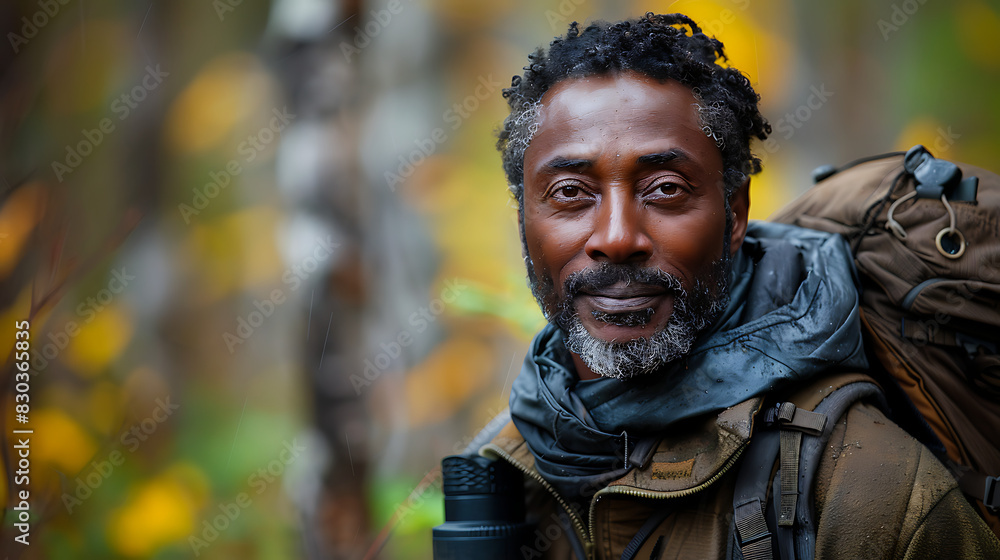 adventurous resilient Male African American explorer traversing remote ...