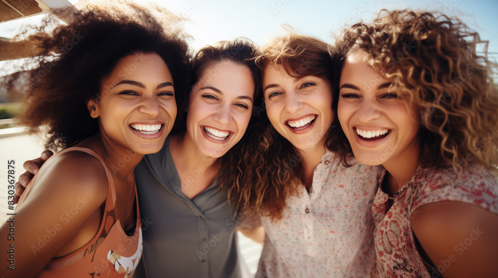 Friendly portrait of happy smiling diverse modern young people friends ...