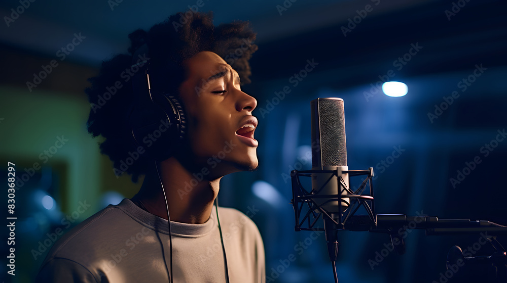 Black male artist singing a song in a recording studio, his voice going ...