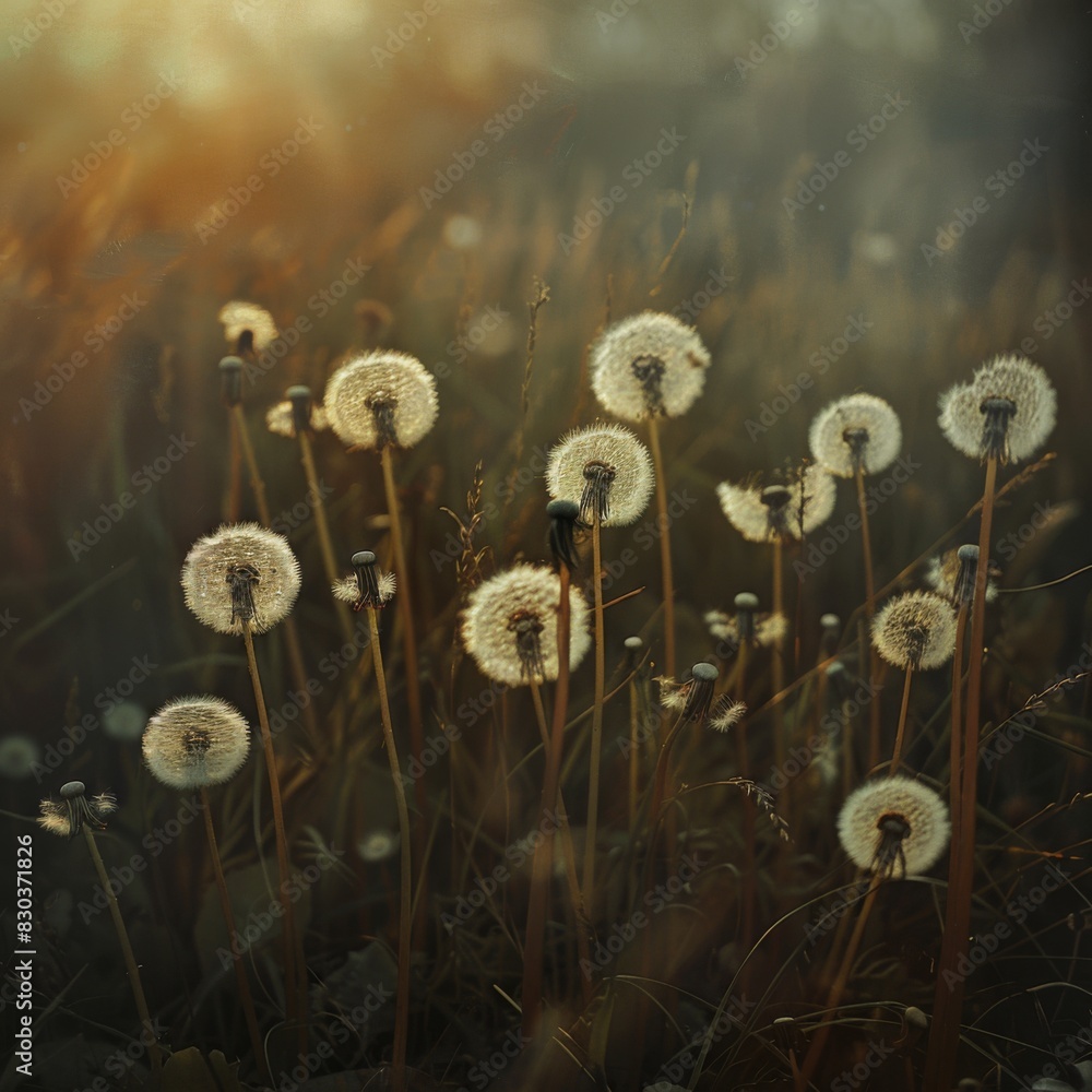 Lot of dandelions on nature against backdrop of field. Spring and ...