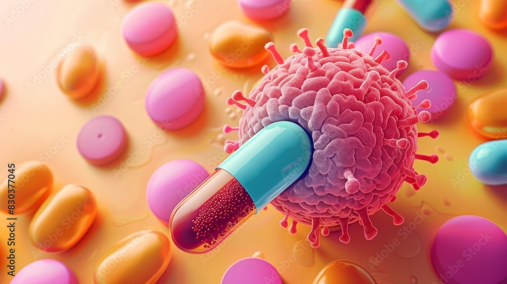 3D model of a cancer cell being targeted by a drug flat design top view ...