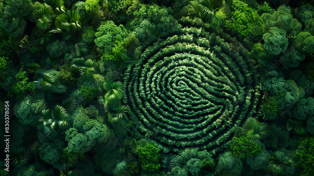 Aerial top down view of a green forest with human fingerprint in the ...