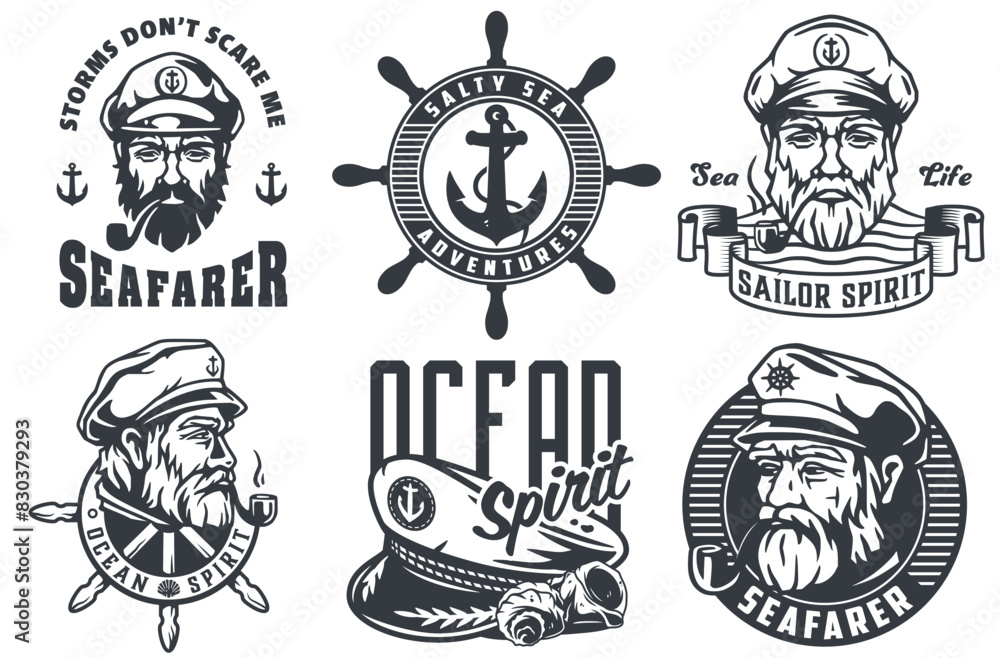 Collection of nautical designs featuring stylized captains, anchors ...