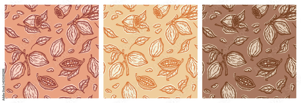 Vector Set of Three Seamless Floral Patterns with Cacao Pods. Cocoa ...