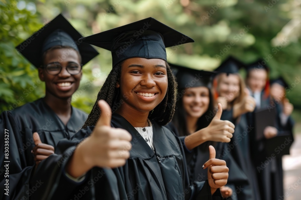 Happy multiethnic graduates in black caps and gowns, posing with ...
