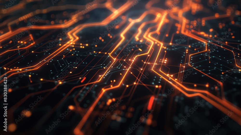 Light semiconductor chip circuit line connection on motherboard. Modern ...