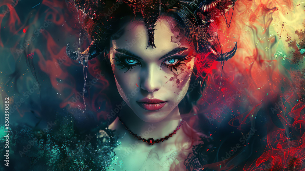 Impressive illustration of a seductive woman with devil horns and tail ...