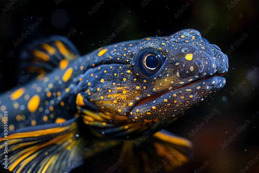 A vibrant close-up of a yellow and black spotted fish with a clear ...