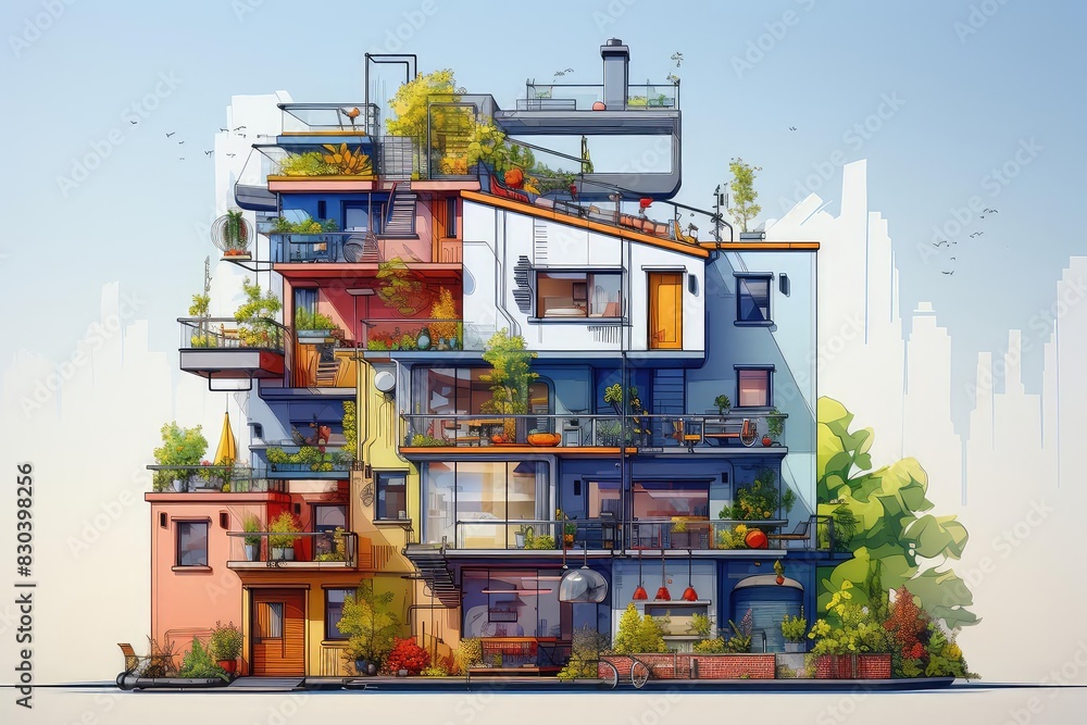 Passive house with airtight construction, flat design, side view ...