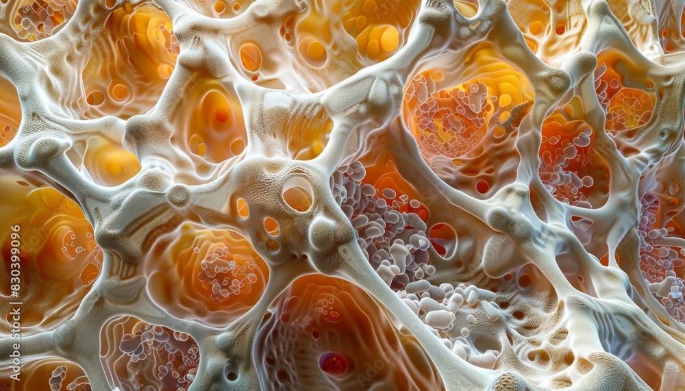 A highly magnified image of healthy bone marrow cells, showing a ...