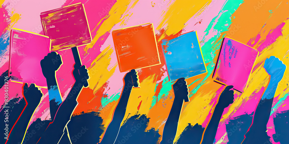 Signs (Various Colors): Simple, abstract shapes resembling protest ...