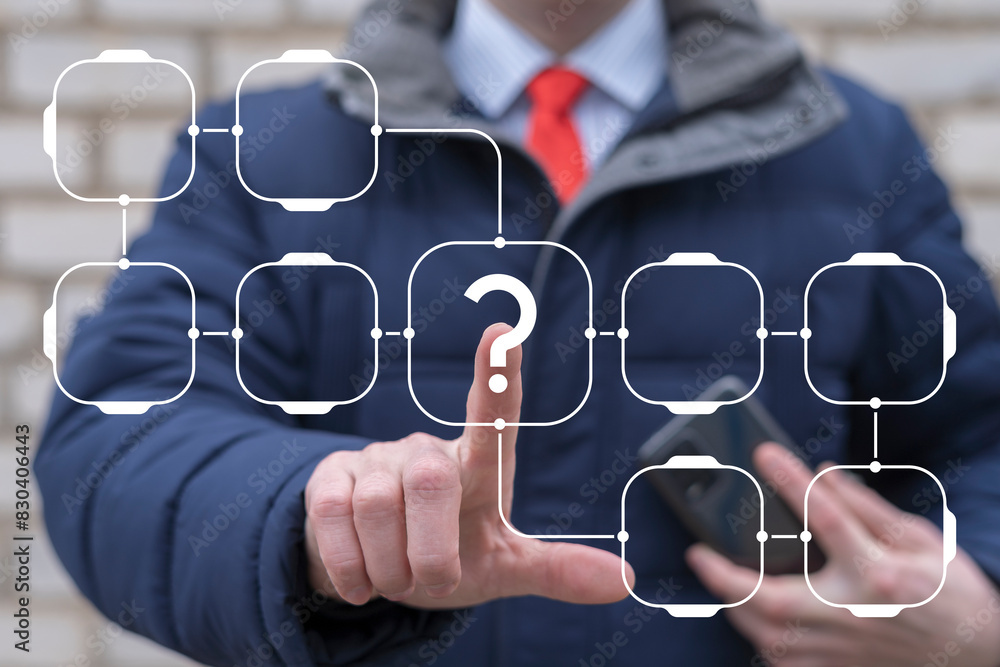 Businessman using virtual touchscreen presses icon: question mark ...