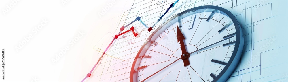 Clock face with light highlighting it and an upward trend line graph ...