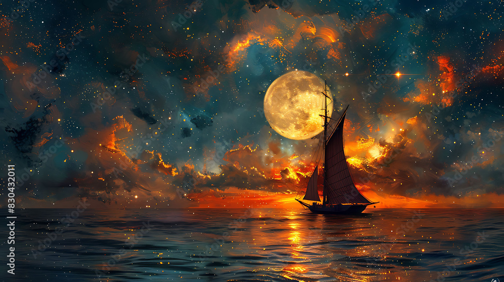 Thoth lunar god guiding a ship across the night sky amidst stars and ...