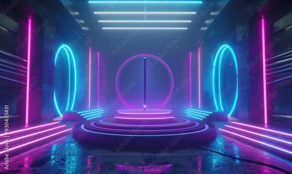 Futuristic room with neon lights and staircase in 3d rendering for ...