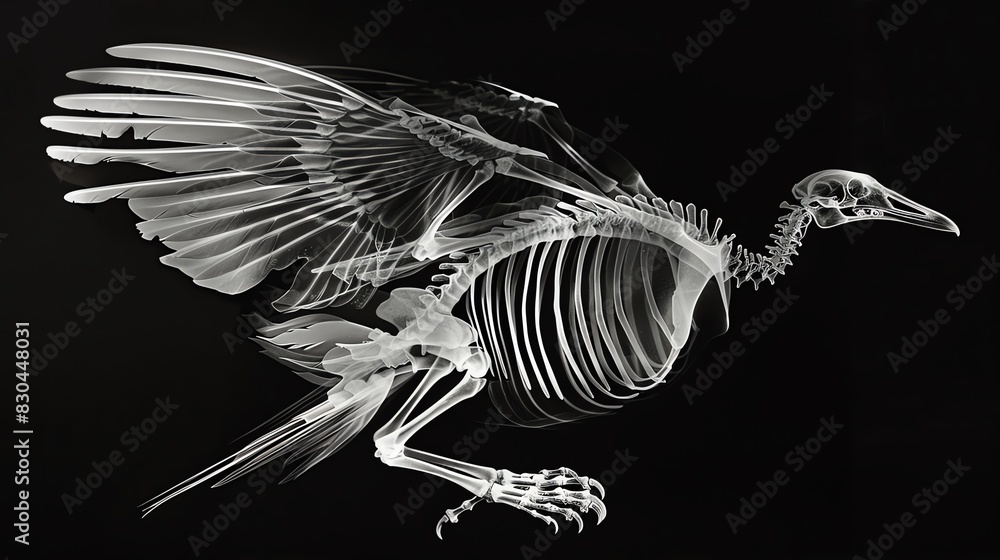 Xray of a birds skeleton with wings extended, displayed on a black ...