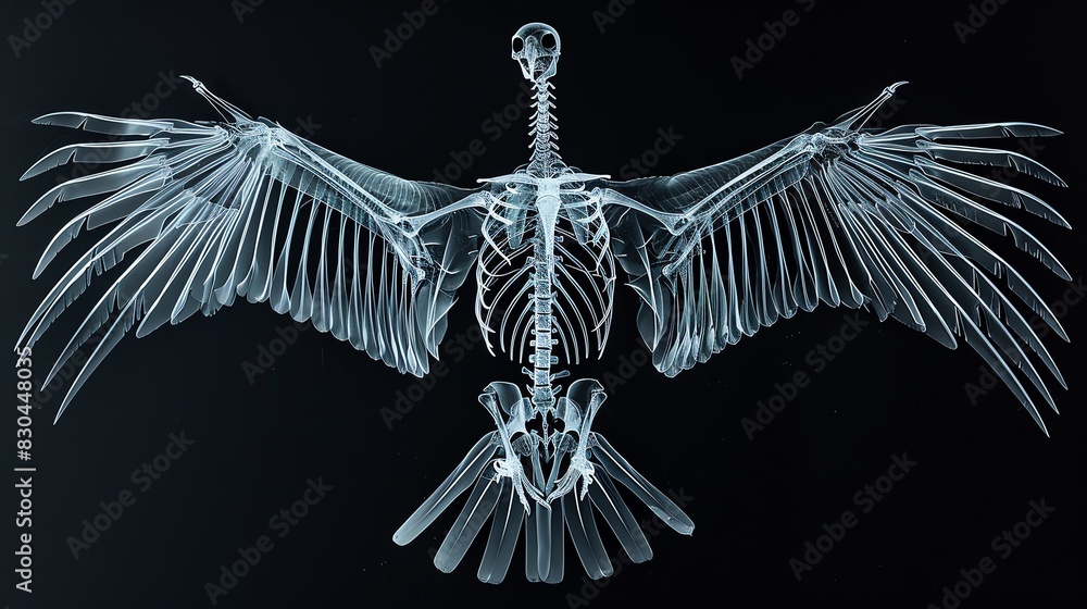 Xray of a birds skeleton with wings extended, displayed on a black ...