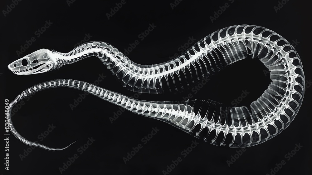Xray of a snakes elongated skeletal structure, set against a black ...
