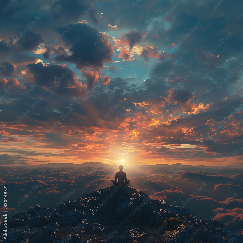Meditation in the lotus position on top of a mountain facing a ...