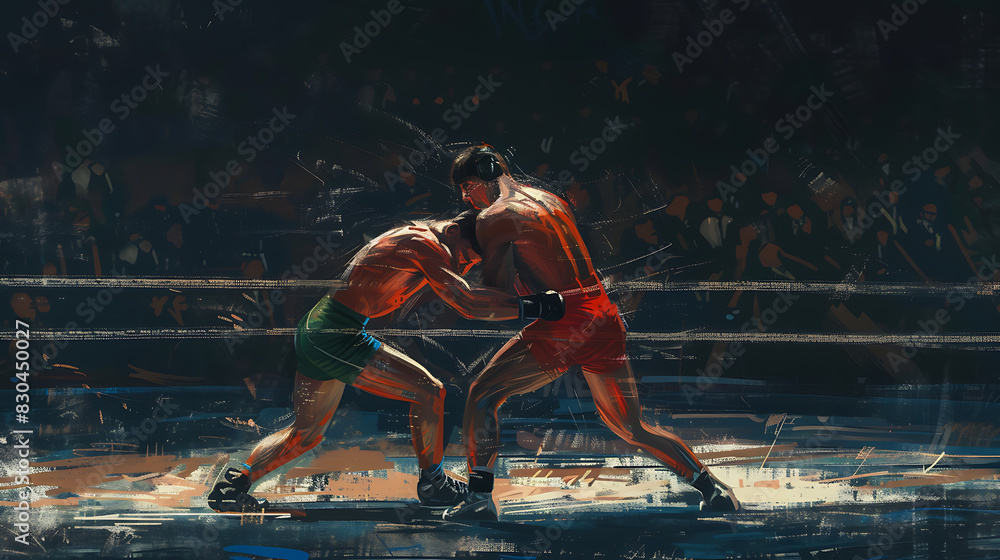 Boxer throwing punches at the face of other boxer, oil painting artwork ...