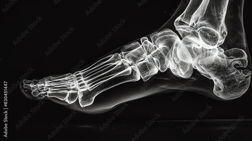 Xray of a human foot with detailed bones and joints, set against a ...