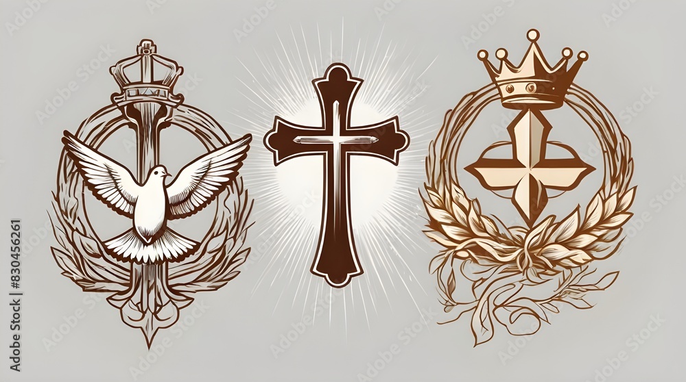 Holy Trinity symbols. Cross, crown and dove of Holy Spirit. Christian ...