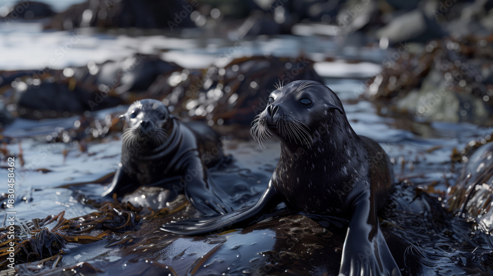 Two baby seals stand on the oil-polluted coast of the sea. An animal in ...