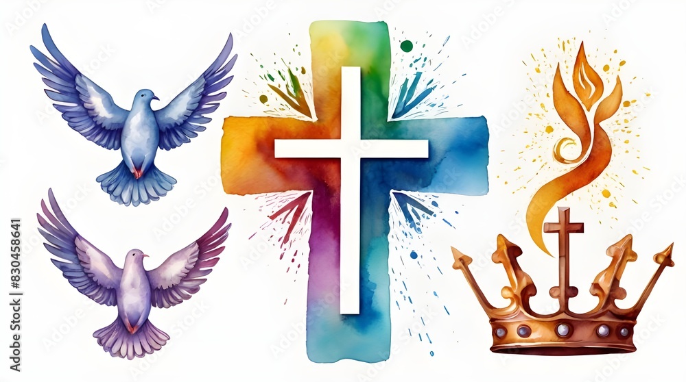 Holy Trinity symbols. Cross, crown and dove of Holy Spirit. Watercolor ...