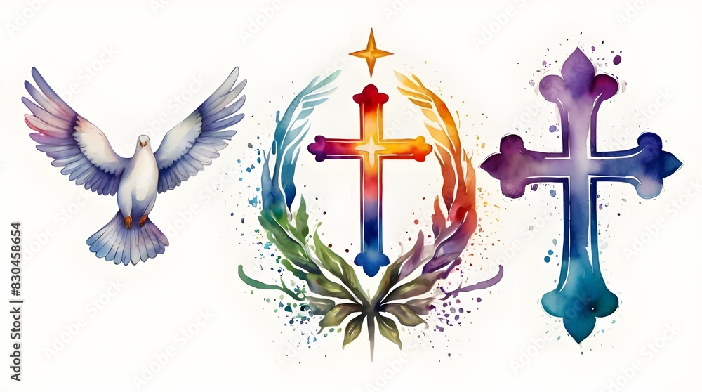 Holy Trinity symbols. Cross, crown and dove of Holy Spirit. Watercolor ...