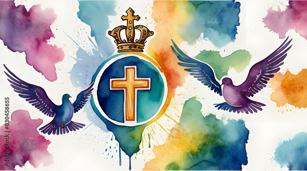 Holy Trinity symbols. Cross, crown and dove of Holy Spirit. Watercolor ...