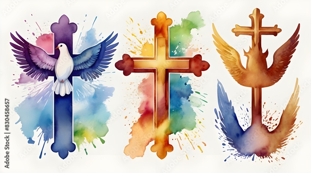 Holy Trinity symbols. Cross, crown and dove of Holy Spirit. Watercolor ...